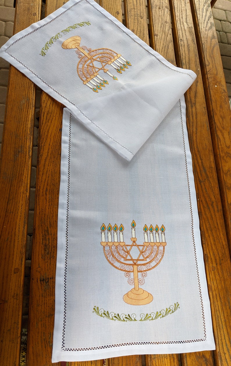 Embroidered Menorah Table Runner, Hanukkah Table Runner, Jewish Table ...