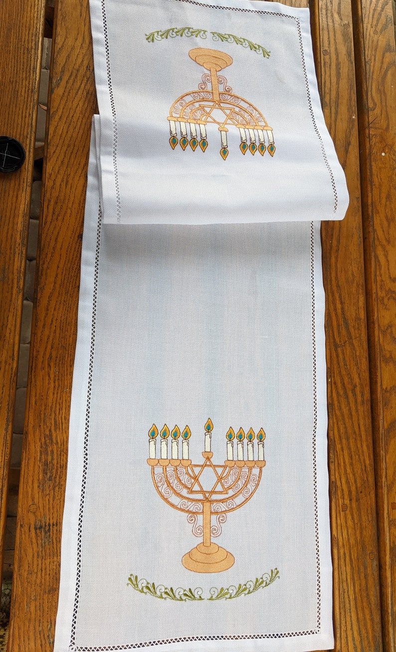 Embroidered Menorah Table Runner, Hanukkah Table Runner, Jewish Table ...