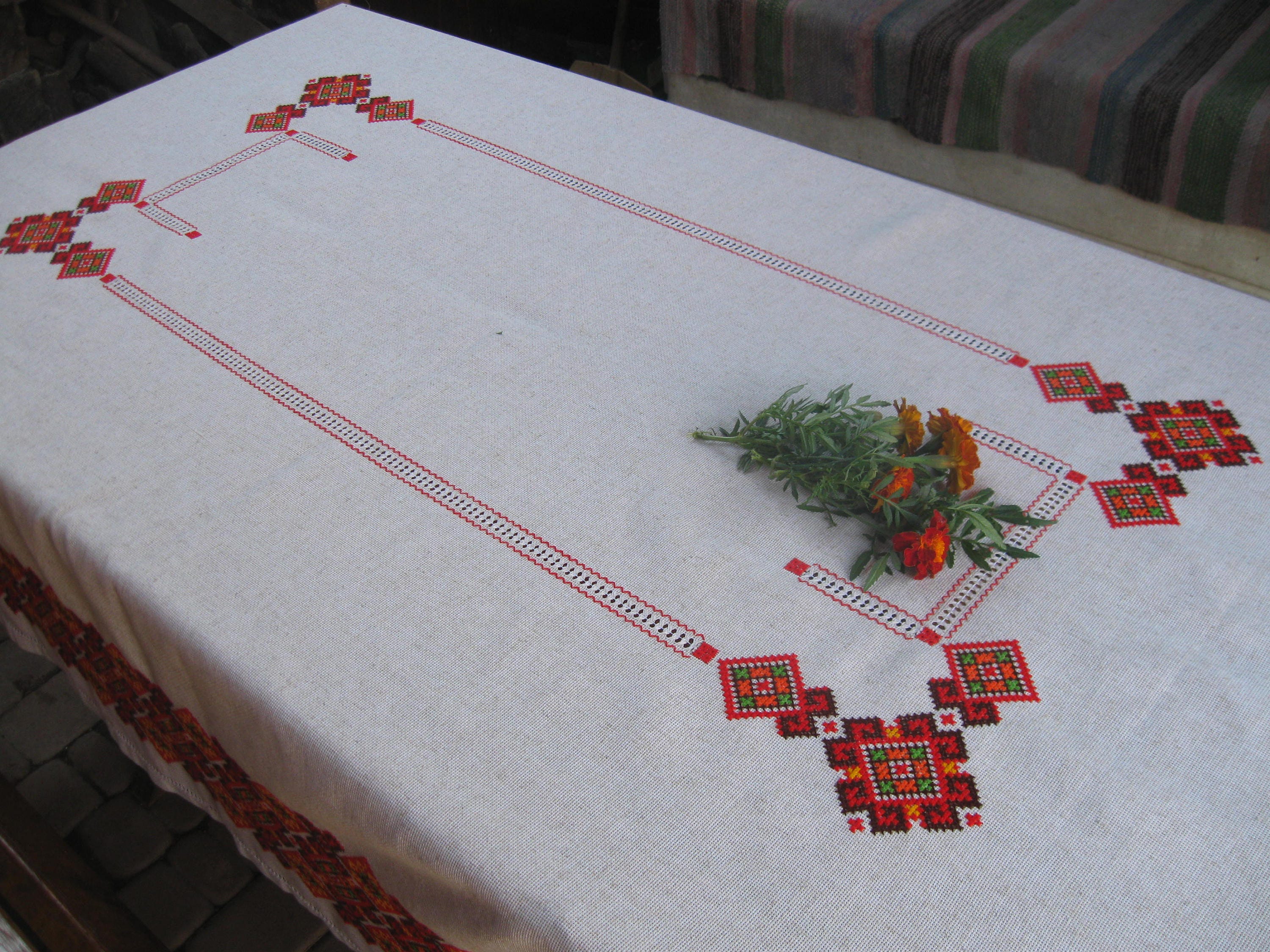 Hand Embroidered Linen Tablecloth: Ethnic Gray Sacred Geometry Design ...