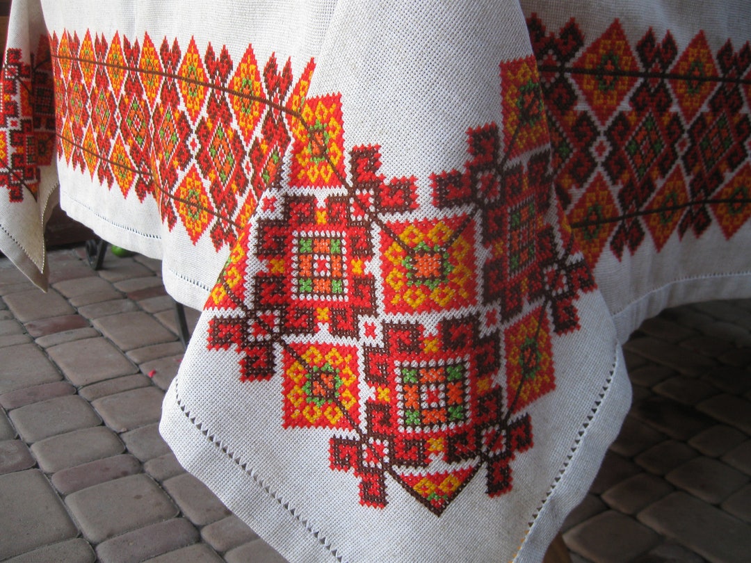Hand Embroidered Linen Tablecloth: Ethnic Gray Sacred Geometry Design ...