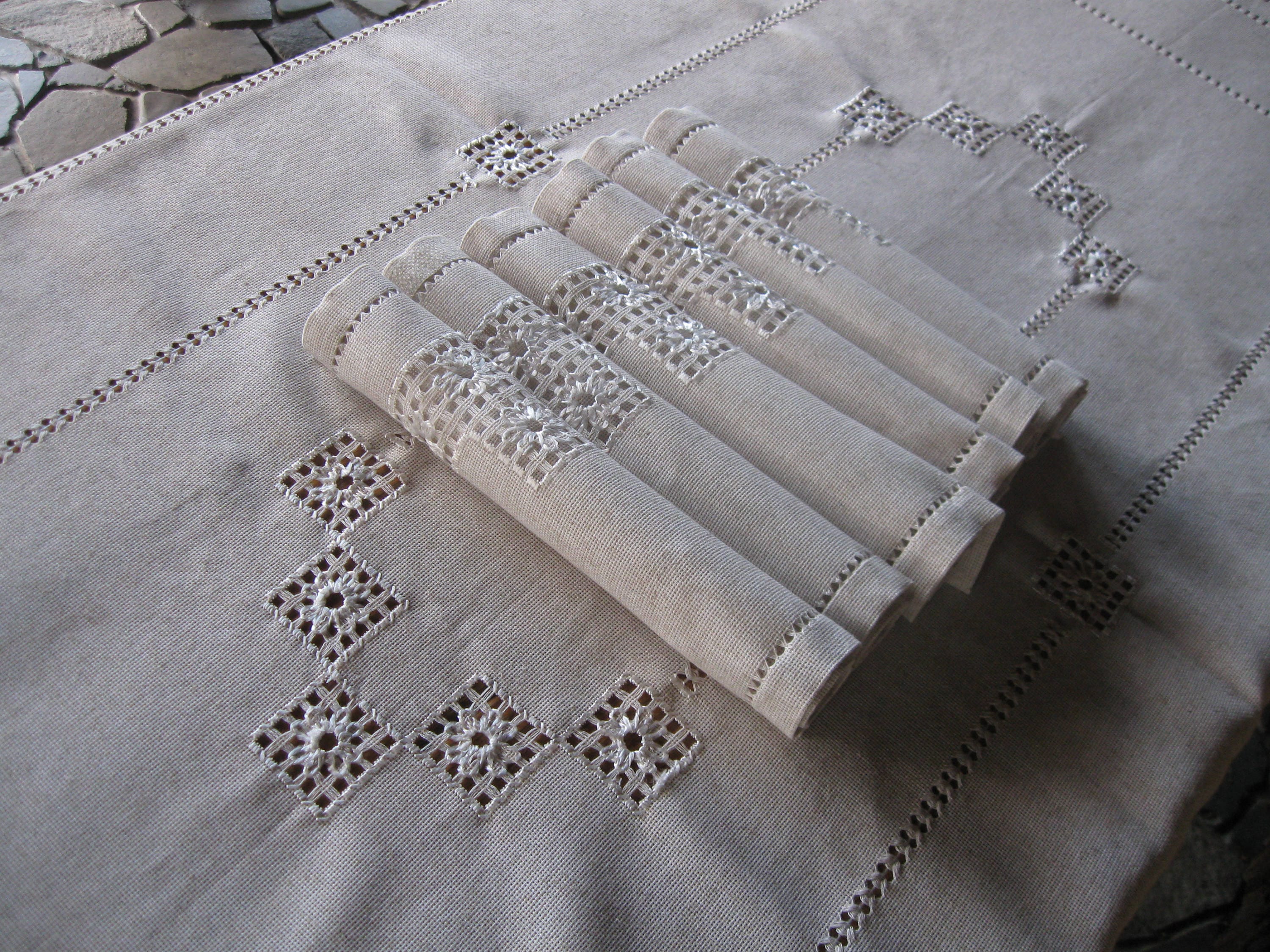 Set of Linen Embroidered Tablecloth & 6 Napkins, Hardanger Table Cloth ...
