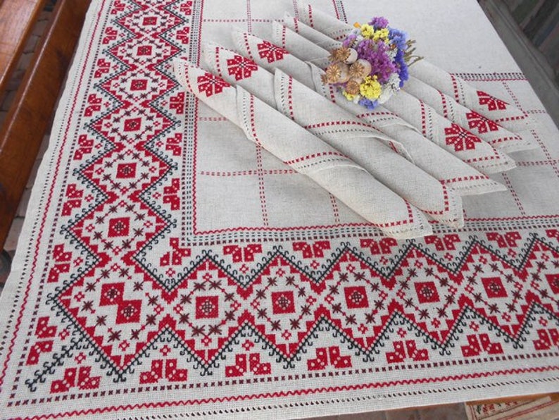 Hand Embroidered Linen Table Set Linen Tablecloth and Napkins ...