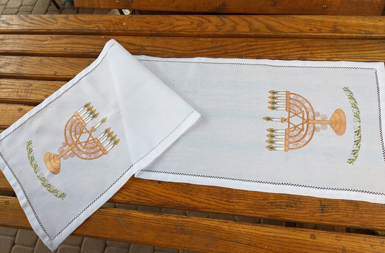 Embroidered Menorah Table Runner, Hanukkah Table Runner, Jewish Table ...