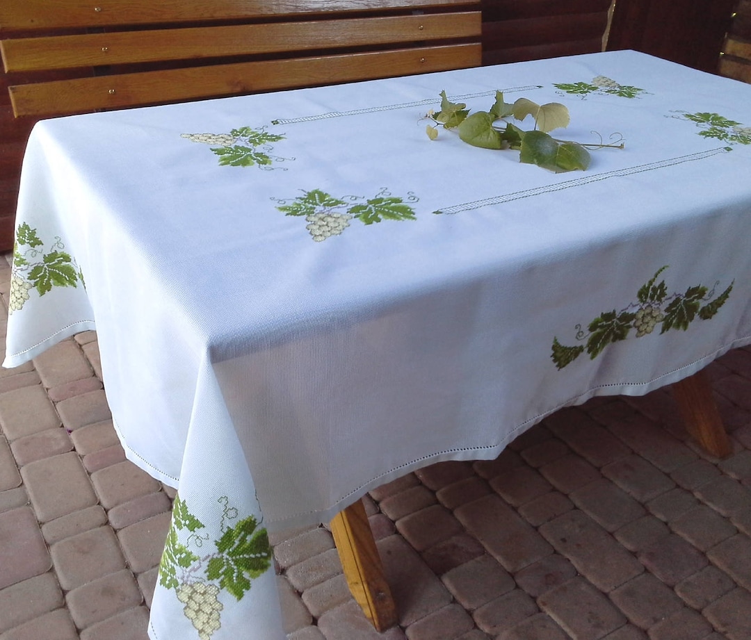Handmade Cotton Tablecloth & Napkin Set: Embroidered Grapes, Cottage ...