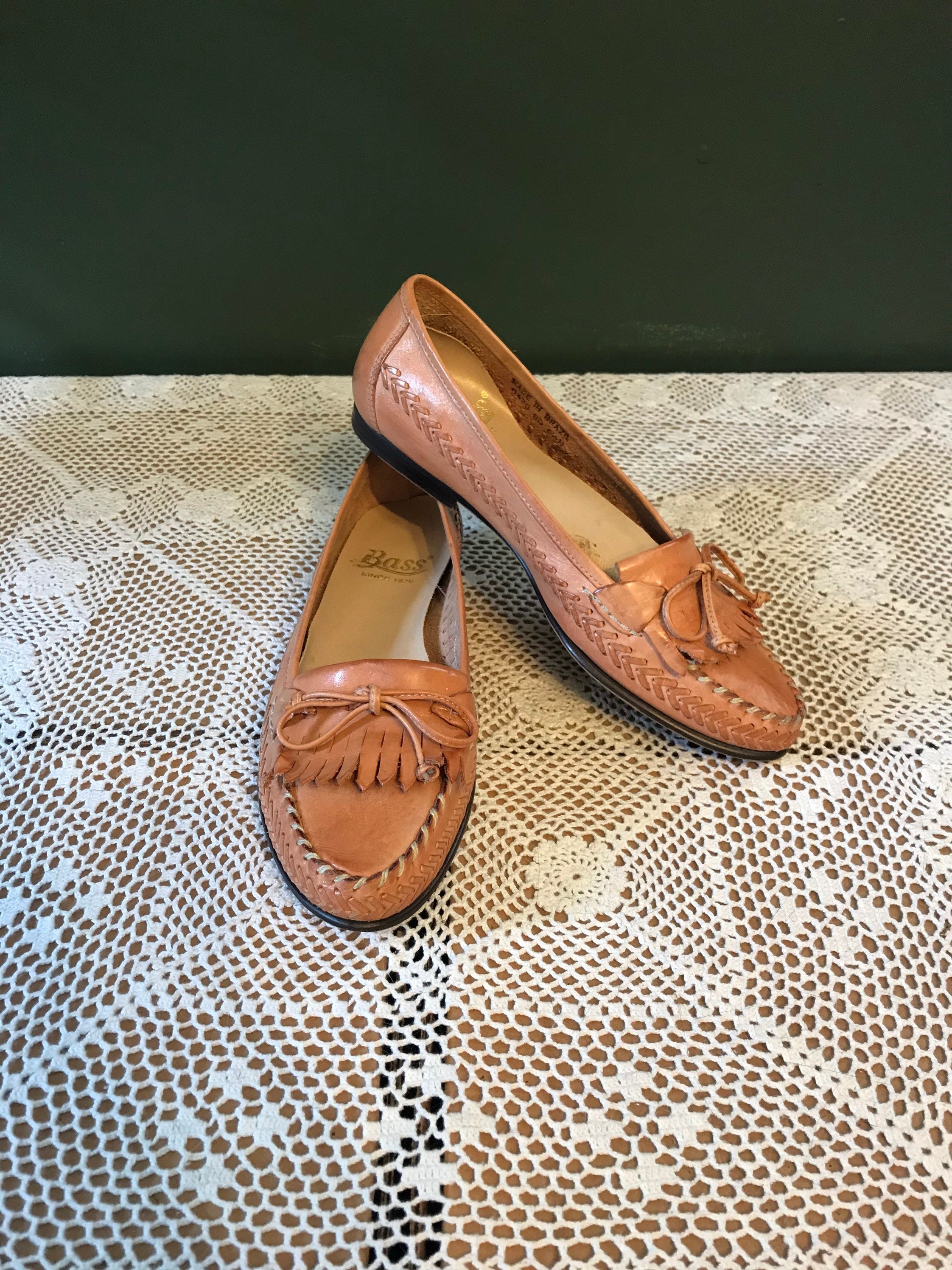 Retro Leather Bass Moccasins Light Brown With Weave Detail Etsy