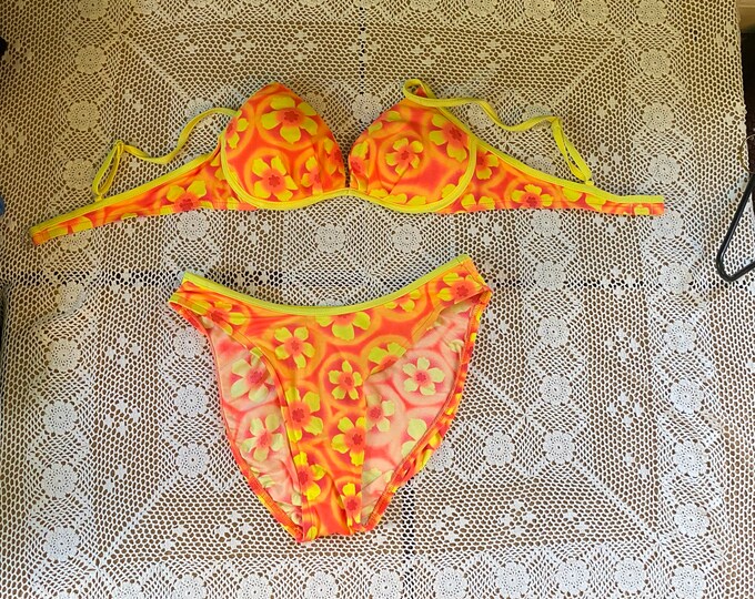 Vintage Nineties Bikini, Retro Neon Orange and Yellow Floral Swimsuit ...