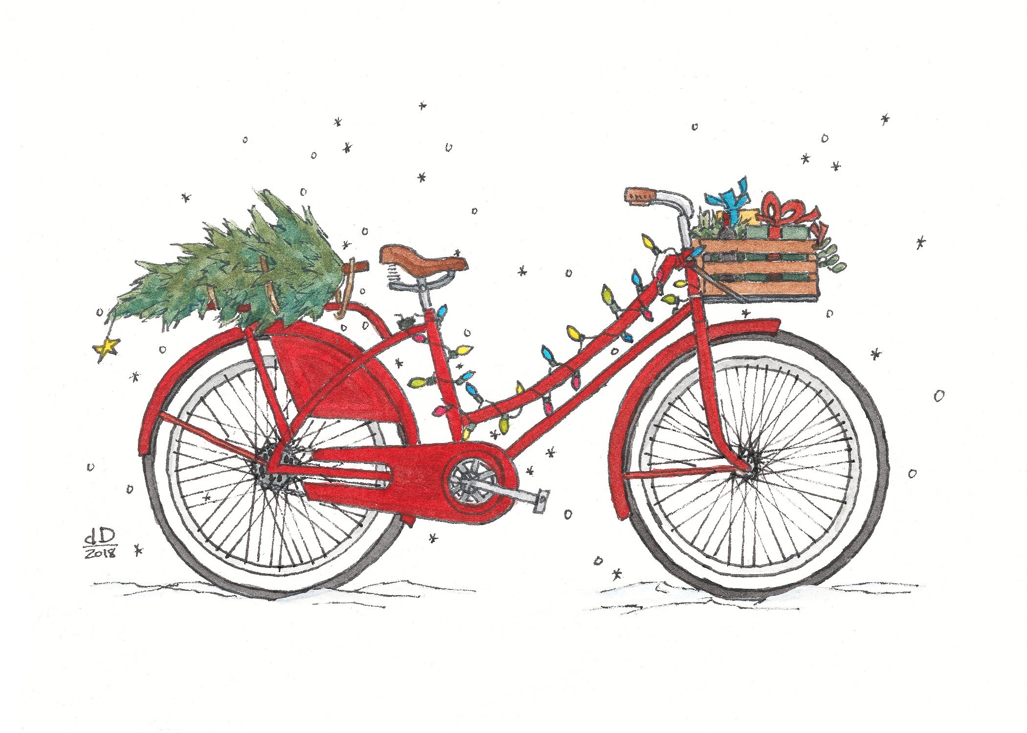 Christmas Bike - Watercolor Print - Art Print - Vintage Bike Art ...