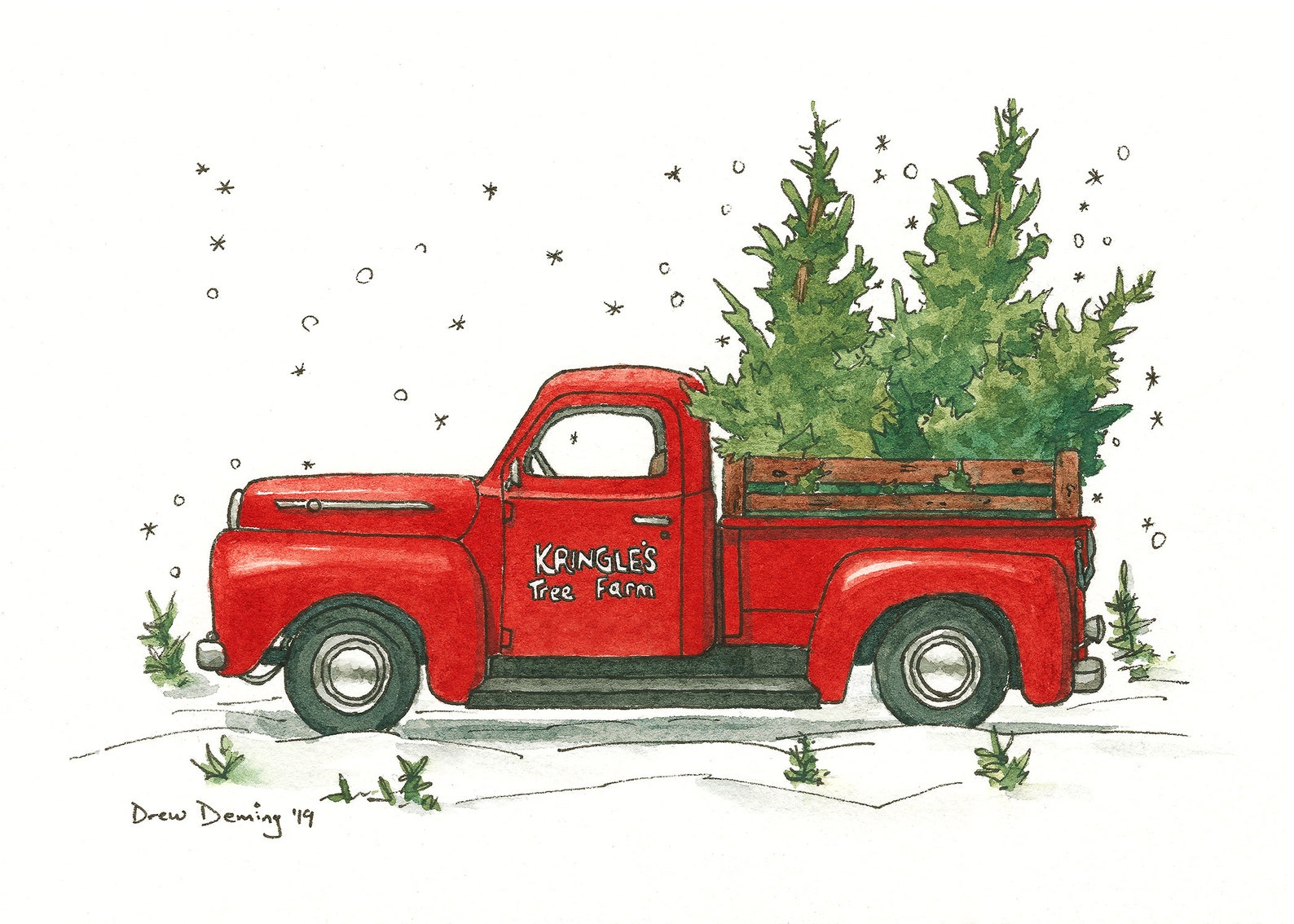 Christmas Tree Truck Matted 5x7 Watercolor Print - Etsy