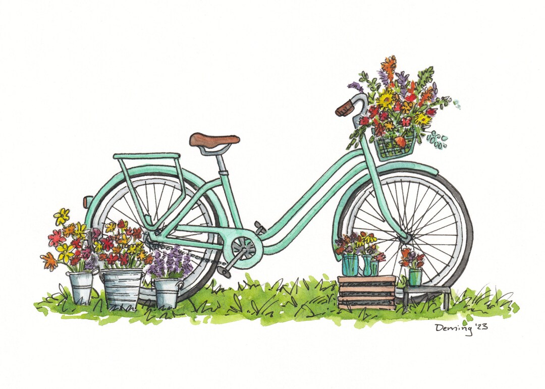 Summer Blooms Bike Watercolor Print - Etsy