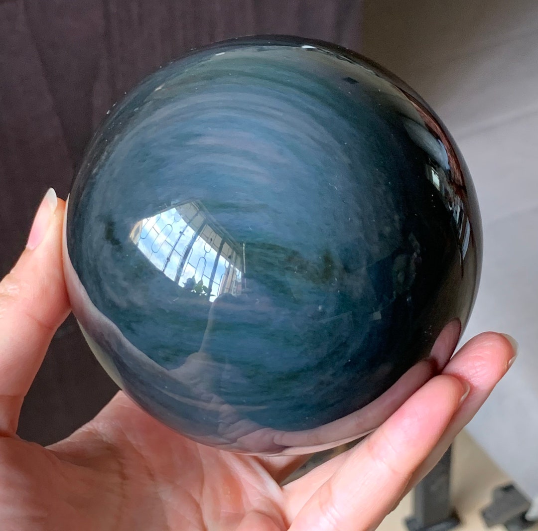 100mm Large Bluish Rainbow Obsidian Sphere, Black Obsidian Crystal ...