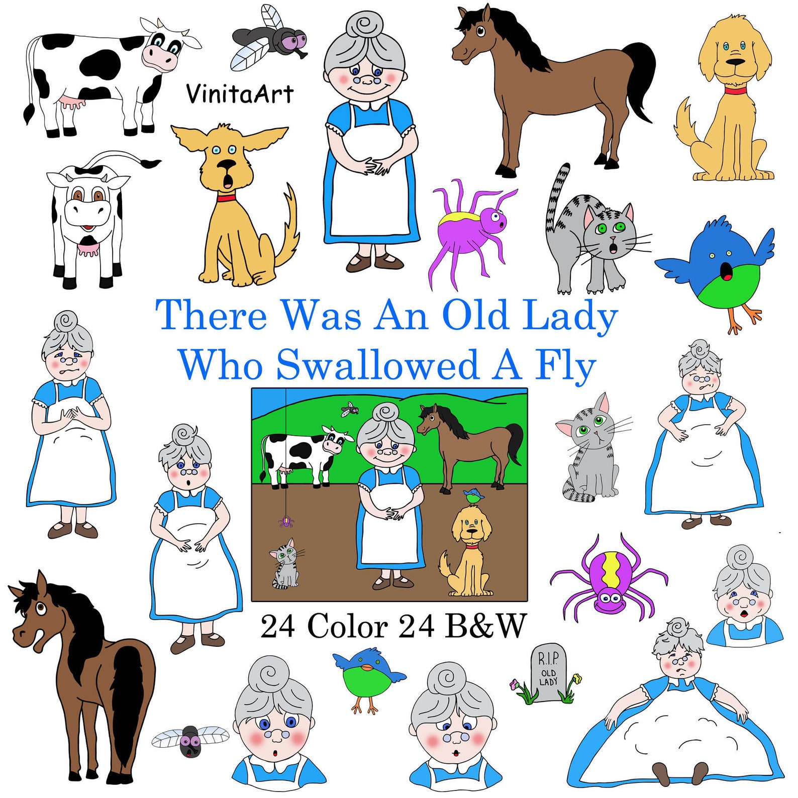 There was an old woman who swallowed a fly Story book clip art | Etsy