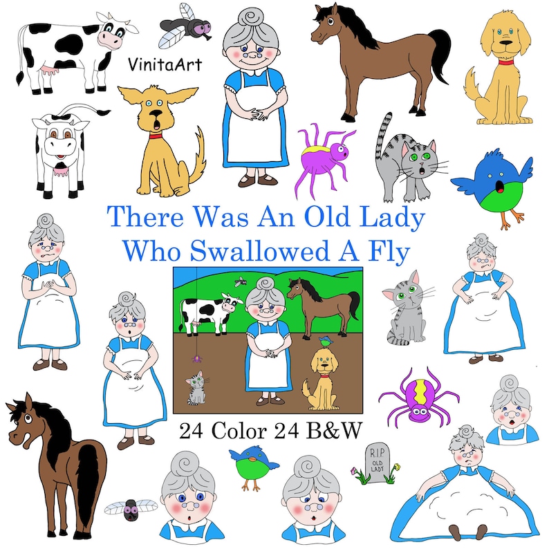There was an old woman who swallowed a fly Story book clip art | Etsy