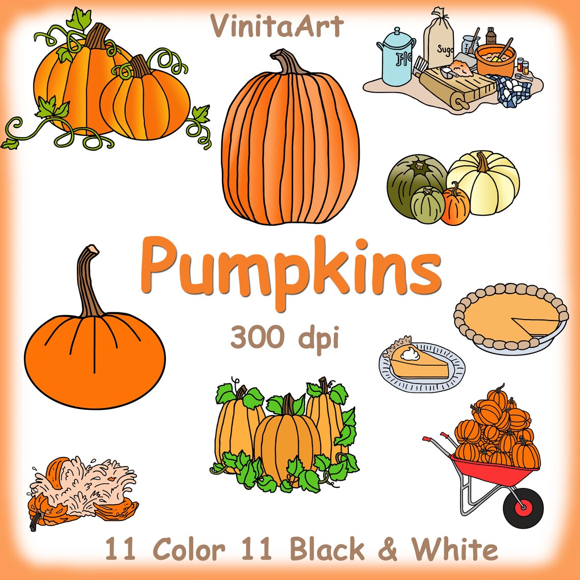 Pumpkin Clip Art Printables Digital Stamps Fall Autumn - Etsy
