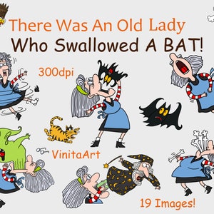 Halloween Clipart, There Was an Old Lady Who Swallowed a Bat, Storybook ...