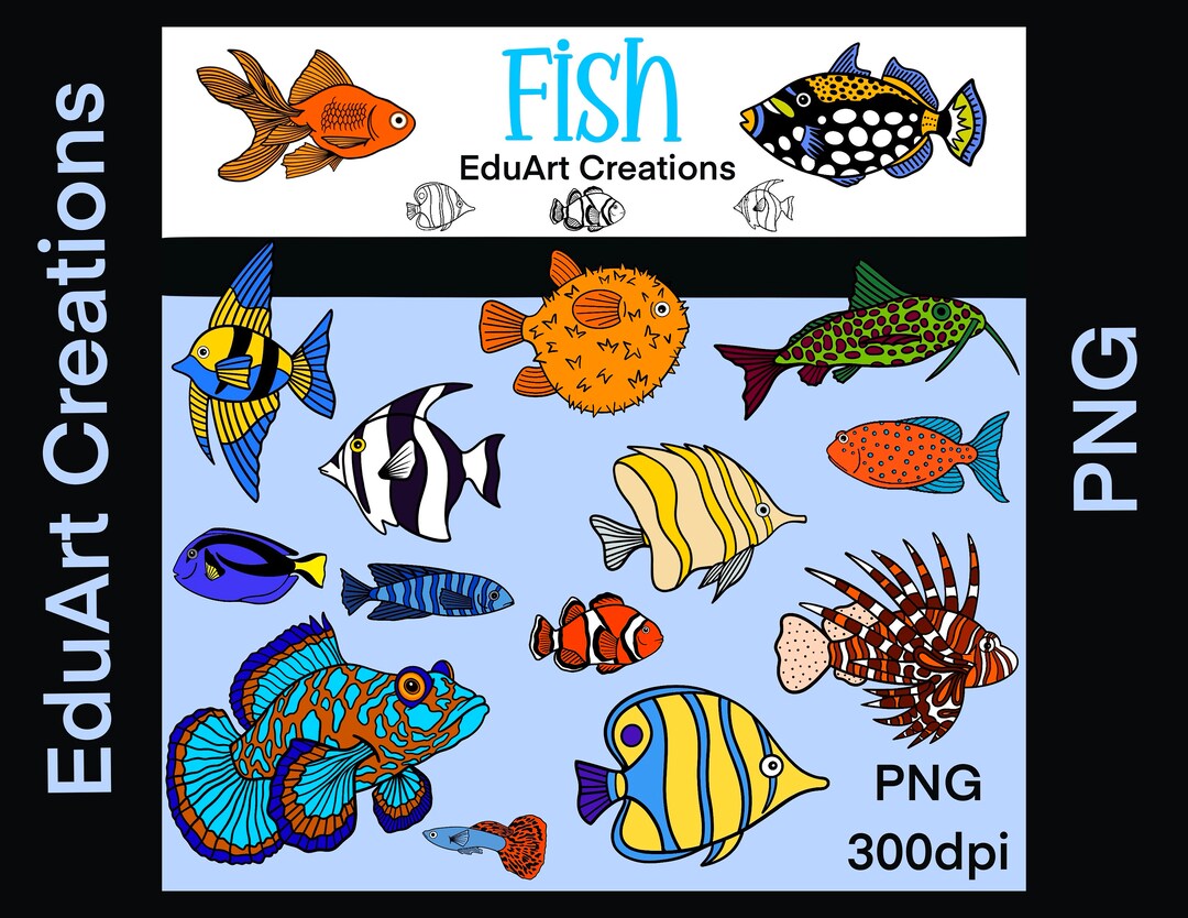 Colorful Fish Clipart, Aquarium, Tropical, PNG Color & Black and White ...