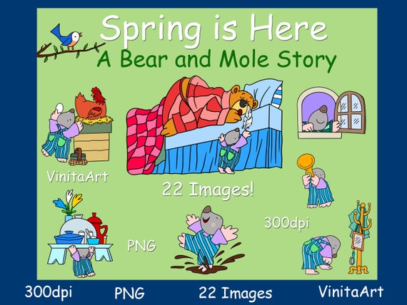 Spring is Here Storybook Clipart Bear and Mole Digital | Etsy