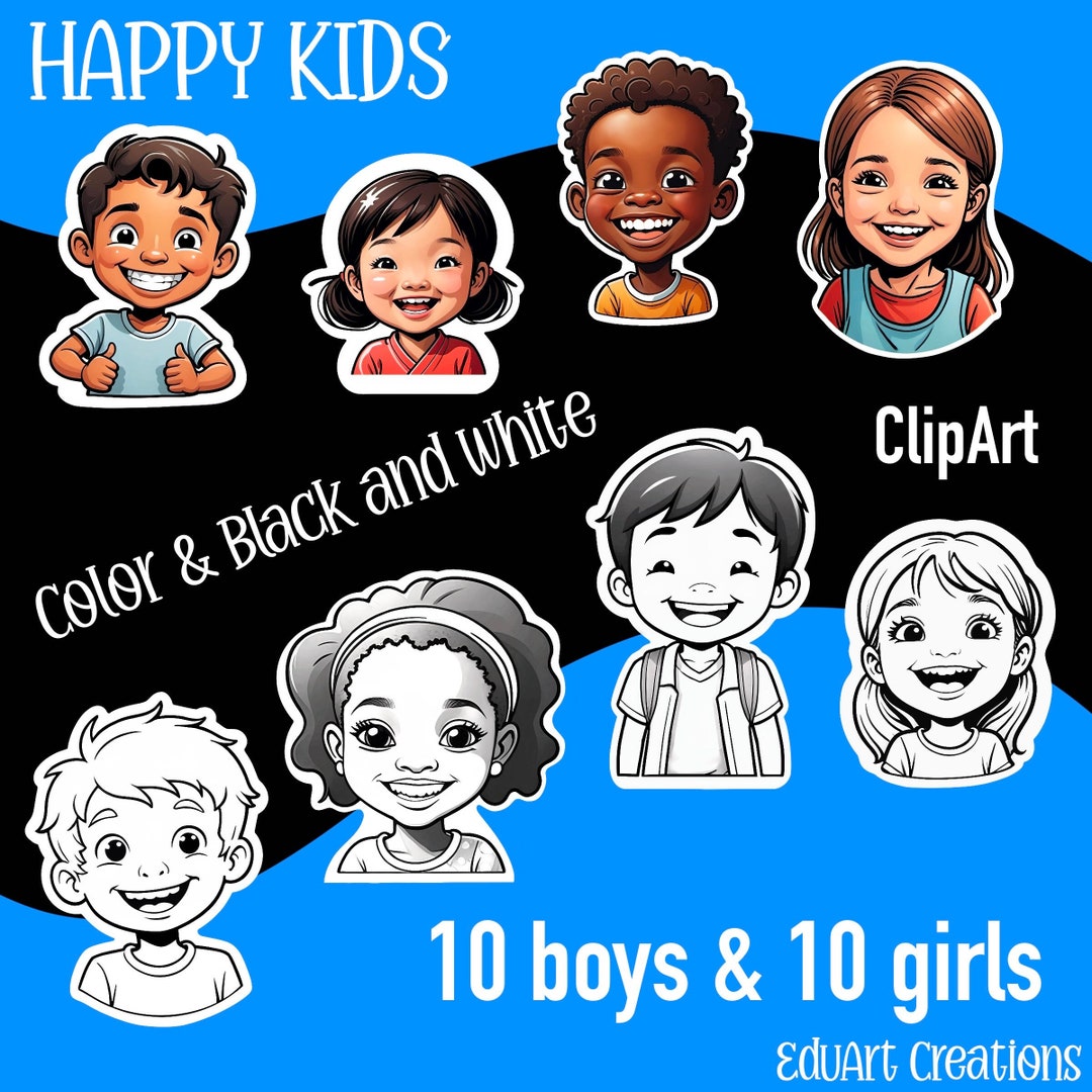 Happy Kids Clipart. Boys and Girls, Color, and Black and White, High ...