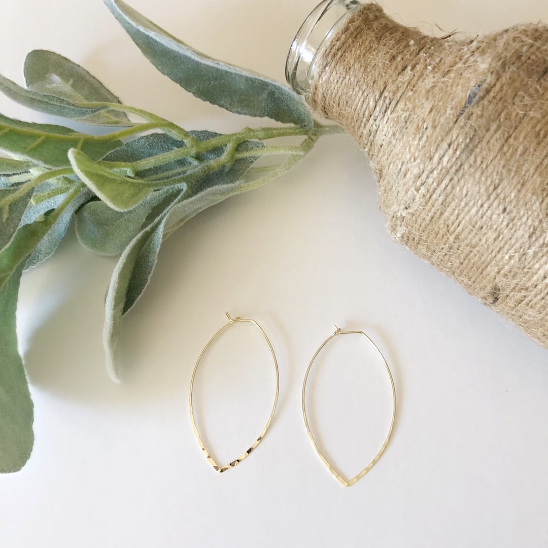 Large Gold Almond Shape Hoop Earrings/hammered Earrings/hammered Almond ...