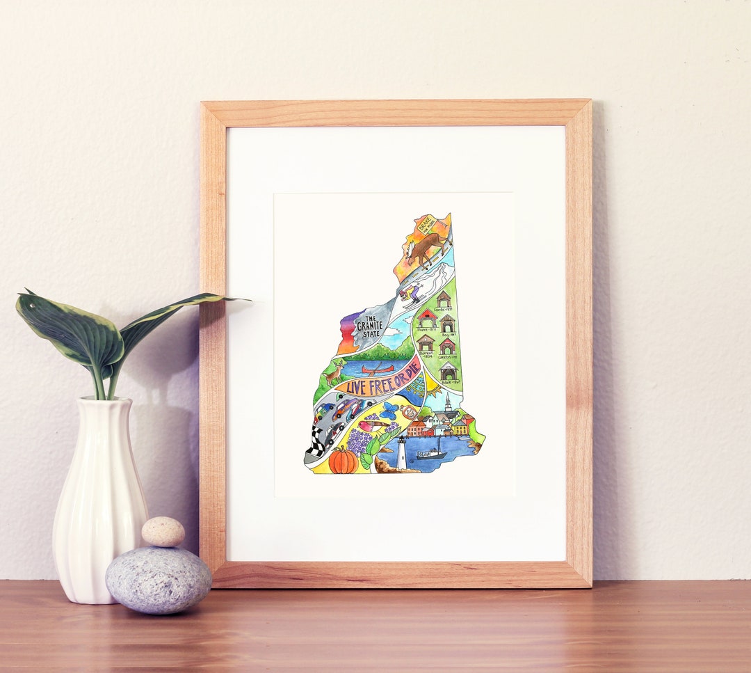 New Hampshire Map Art Print, New Hampshire Map, Fine Art Print, State ...