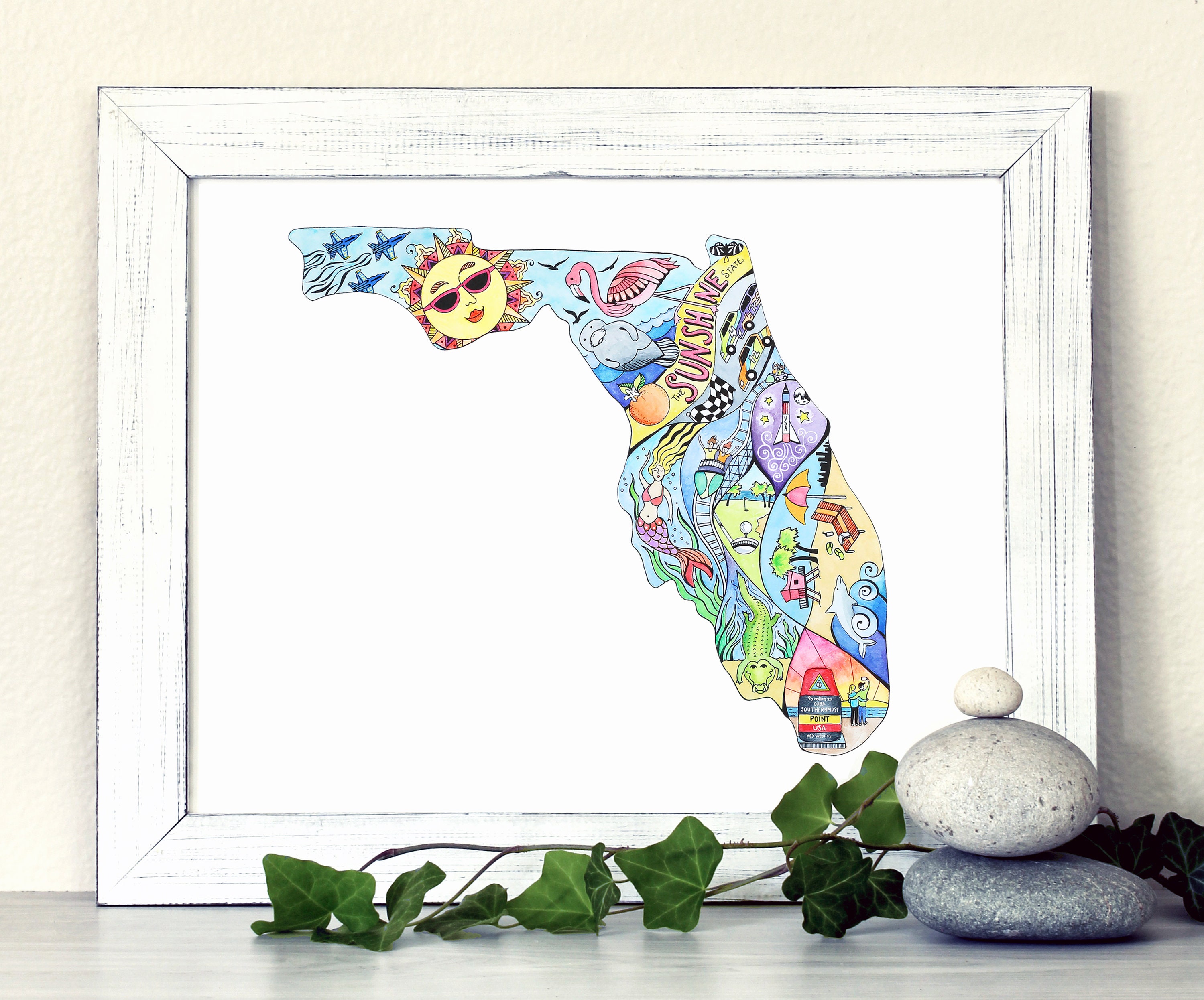 Florida Map Print Florida Watercolor and Ink Illustration - Etsy