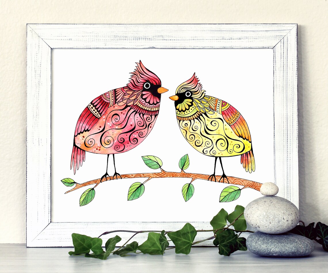 Cardinal Watercolor Fine Art Print Zentangle Design of Male - Etsy
