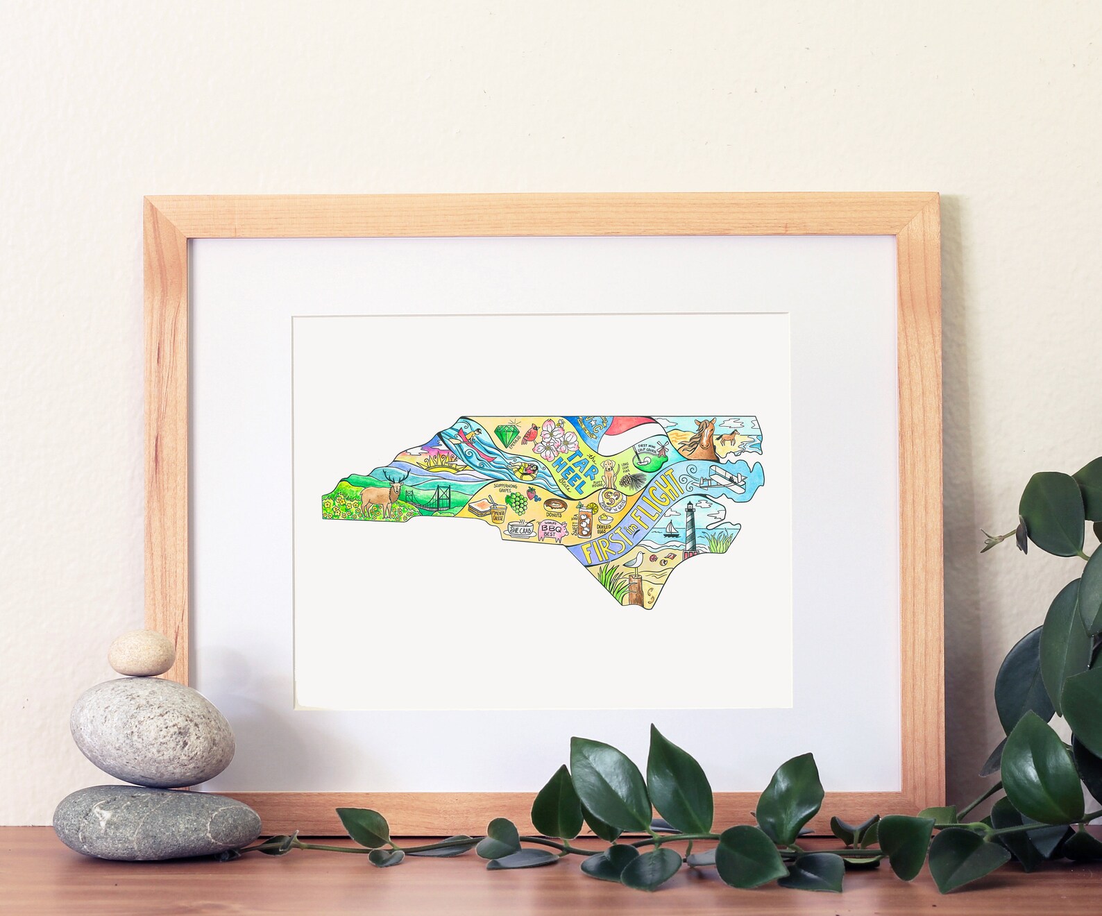 North Carolina State Map Print, Watercolor and Ink, Outer Banks, Blue ...