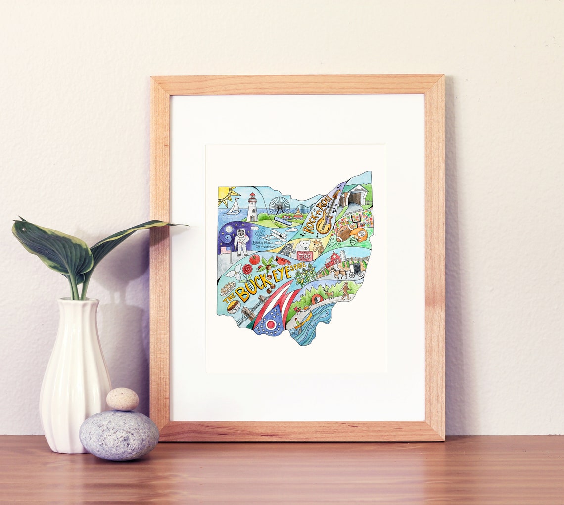 Ohio Art Map Print, Ohio Watercolor and Ink Illustration, Ohio ...