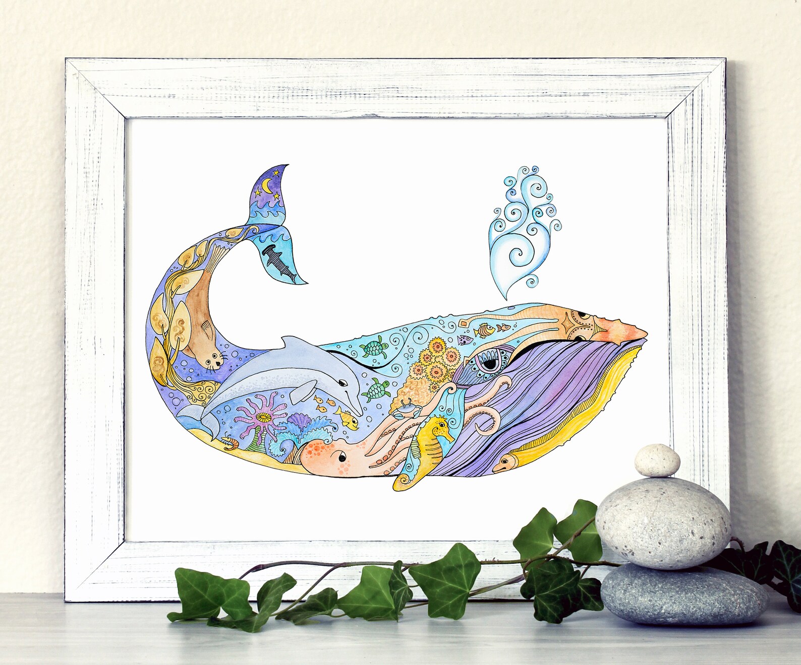 Whale Art Print Whale Painting Whale Zentangle Sea - Etsy