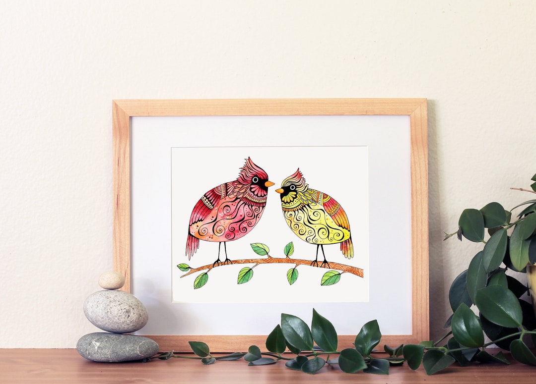 Cardinal Watercolor Fine Art Print, Zentangle Design of Male and Female ...