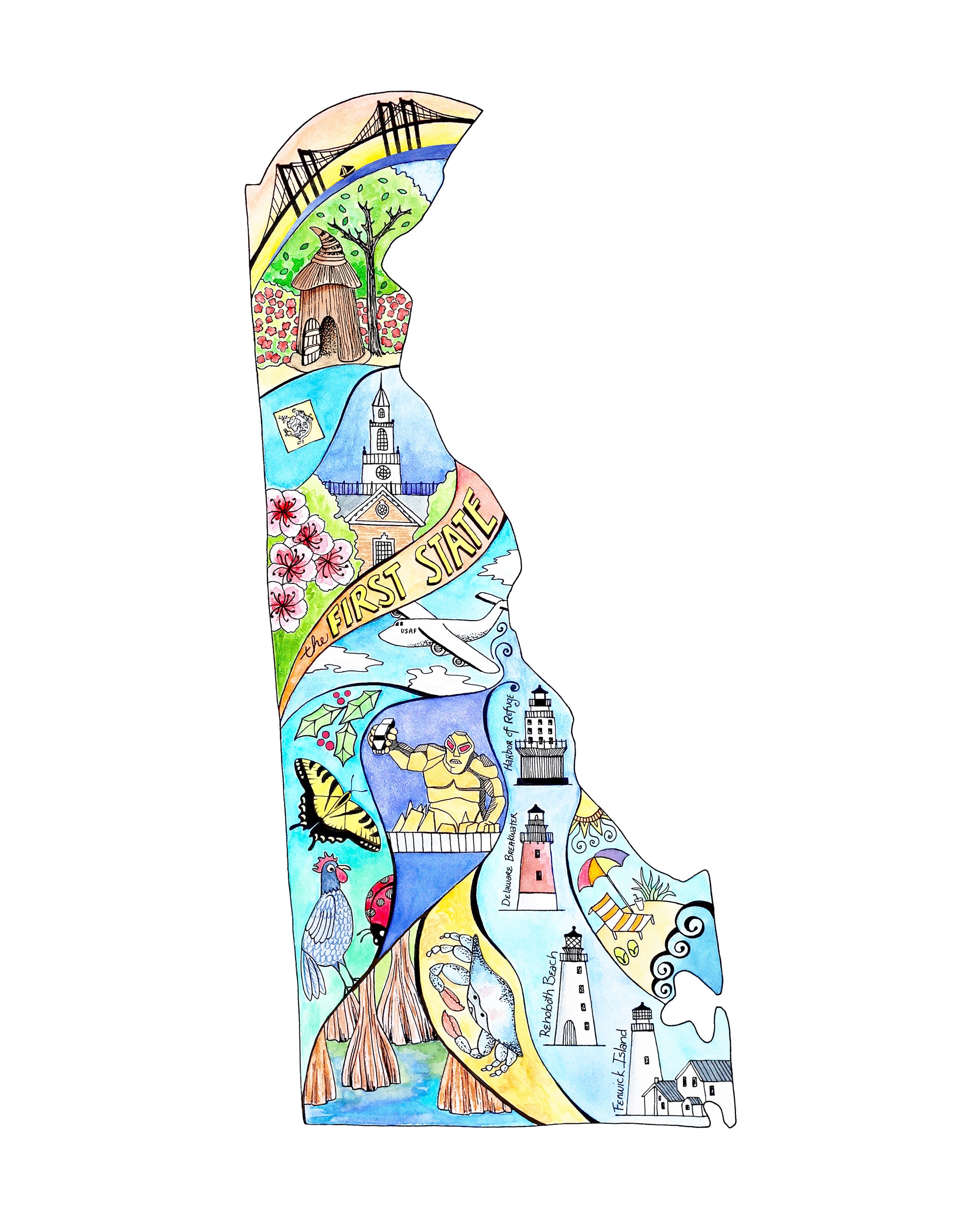 Delaware Map Fine Art Print of an Original Watercolor Painting ...