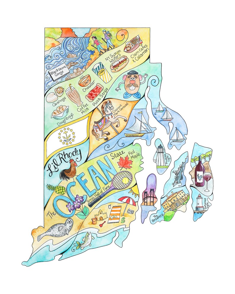 Rhode Island Map, Art Print of Watercolor Rhode Island Painting, State ...