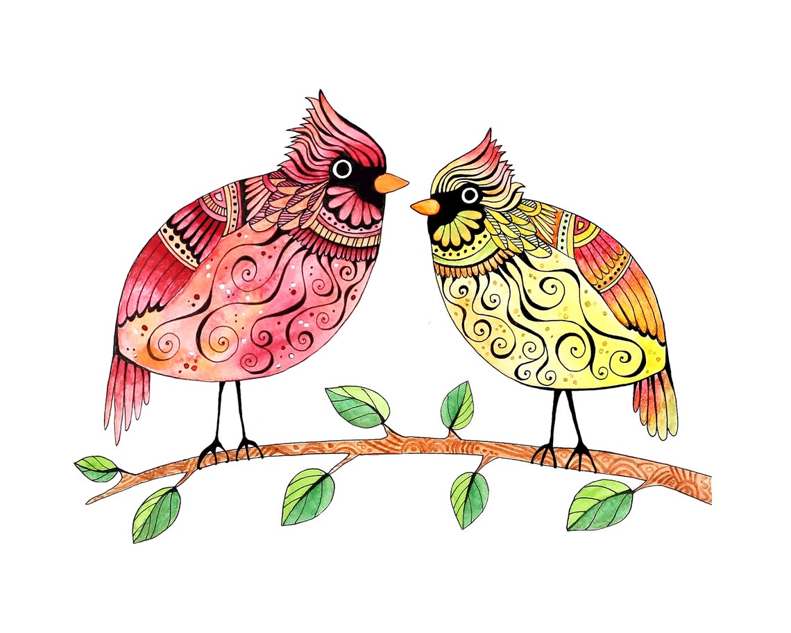 Cardinal Watercolor Fine Art Print Zentangle Design of Male - Etsy