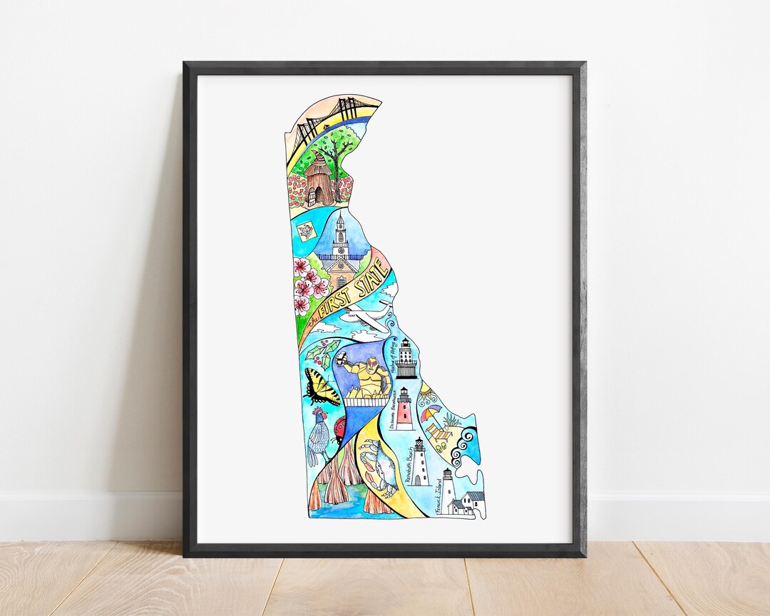 Delaware Map Art Print, Watercolor Illustration, First State Souvenir ...