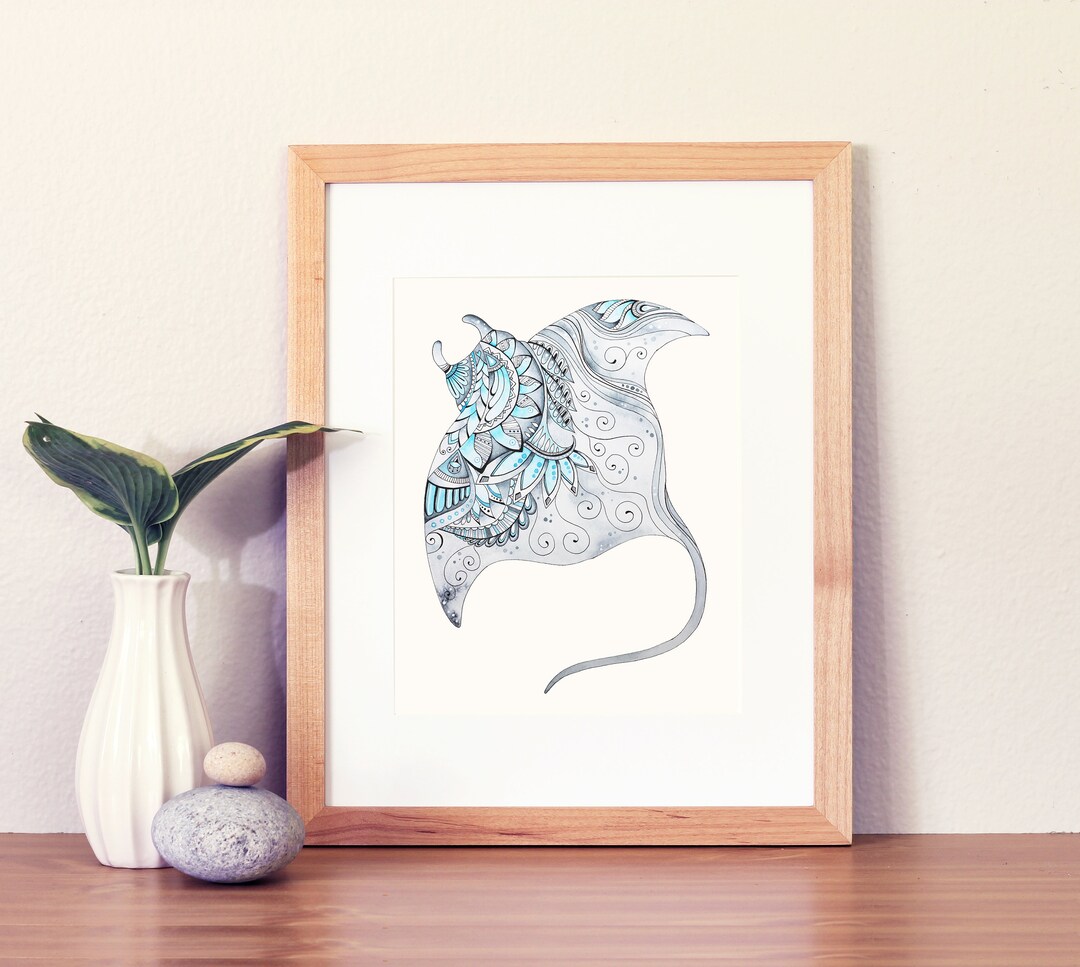 Manta Ray Watercolor Painting Print, Peaceful, Zen Designs, Ink and ...