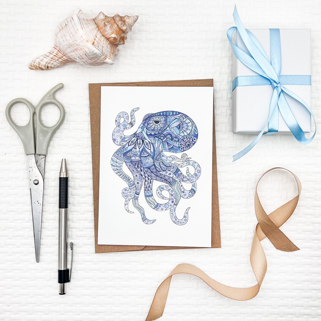 Set of Watercolor Octopus Notecards, Blank Inside, Ocean Themed ...