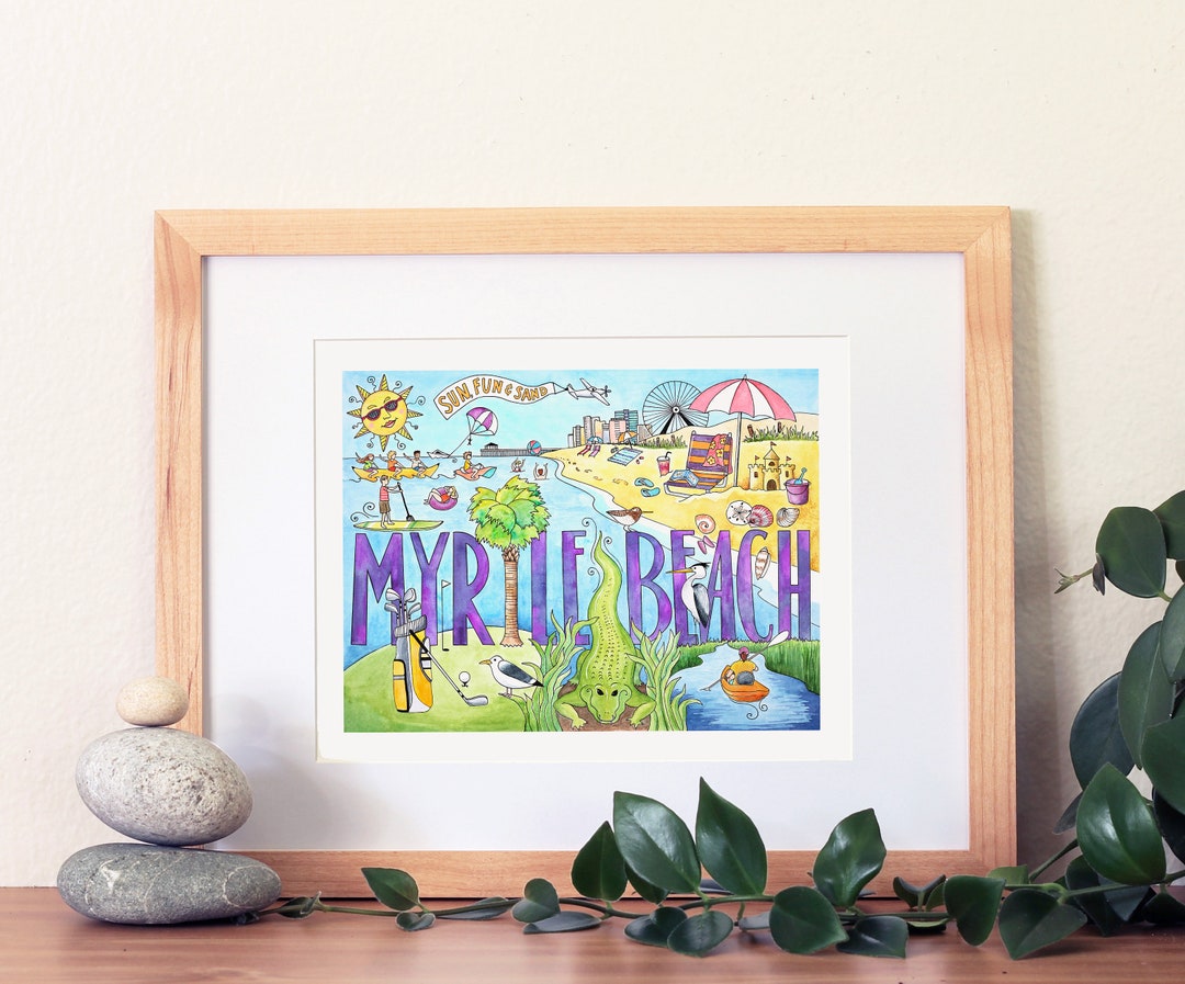 Myrtle Beach Illustration Art Print, Beach Art With Shells, Beach Gifts ...