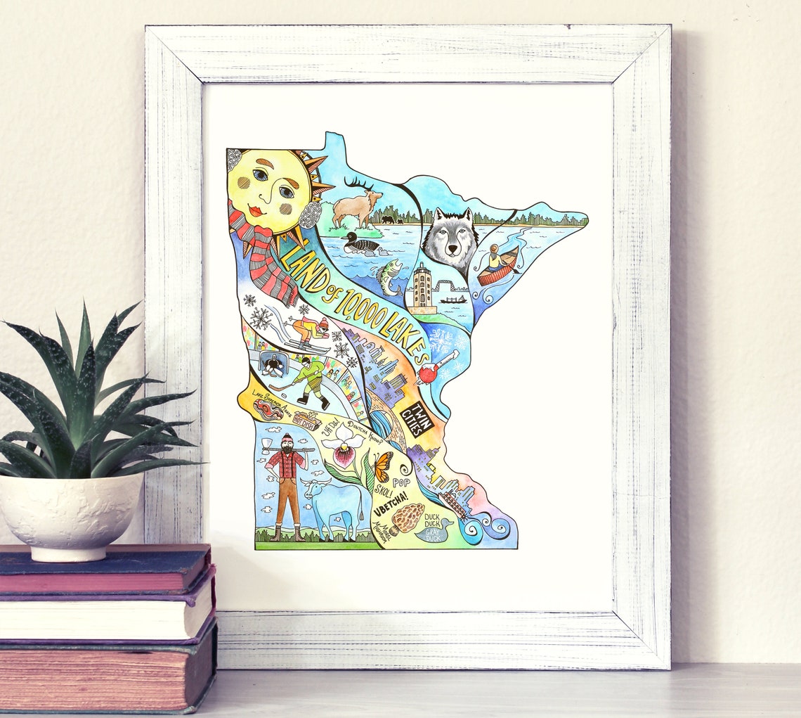 Minnesota Map Print Minnesota Watercolor and Ink | Etsy