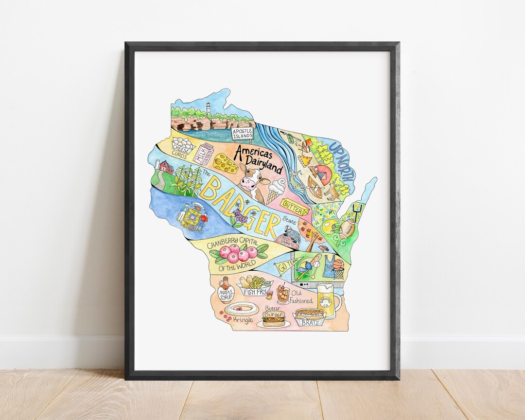 Watercolor Wisconsin Map Art Print, Souvenir Landmark Illustration - Etsy
