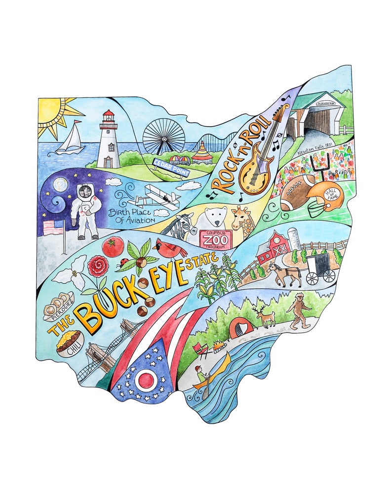 Ohio Art Map Print, Ohio Watercolor and Ink Illustration, Ohio ...