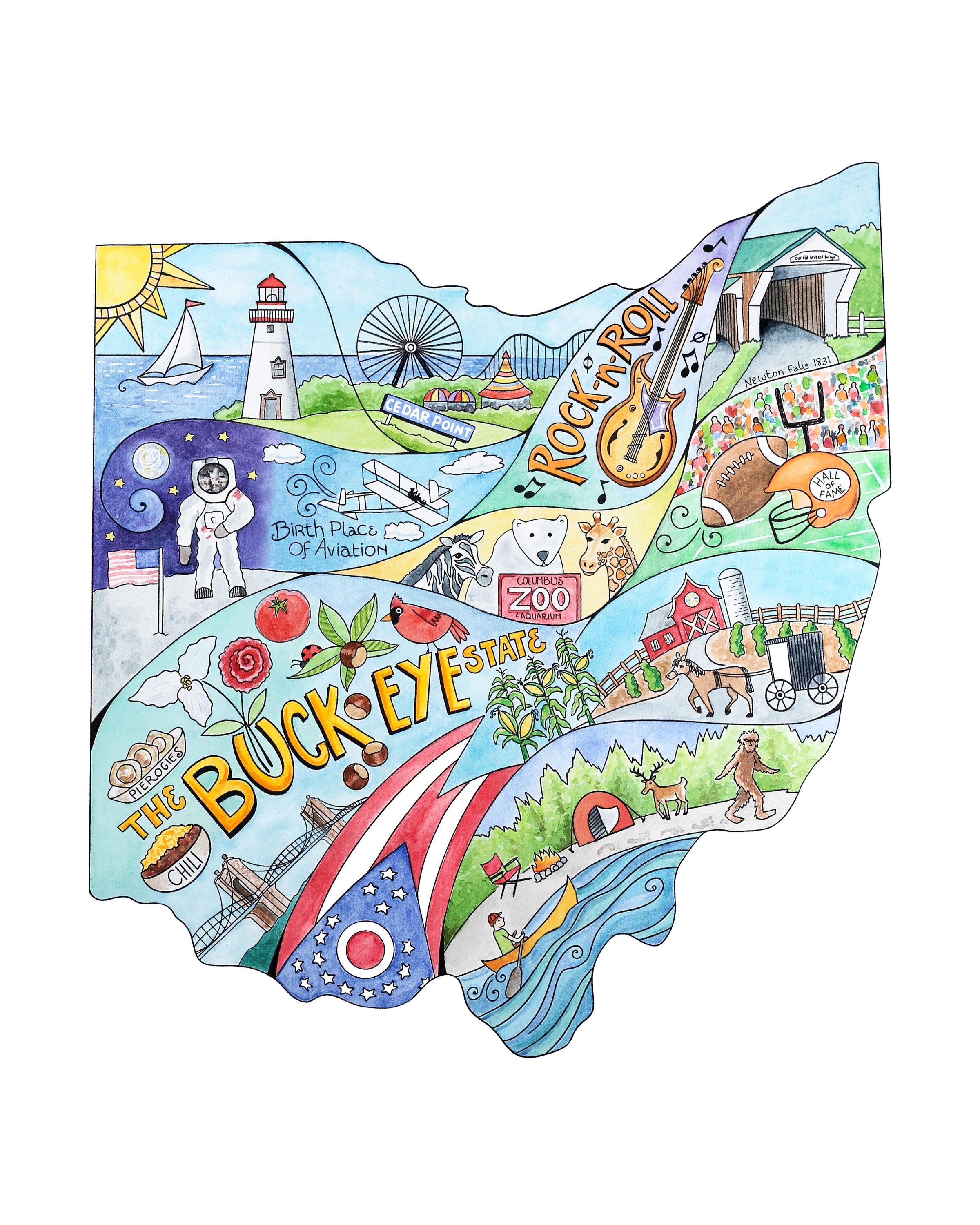 Ohio Art Map Print, Ohio Watercolor and Ink Illustration, Ohio ...