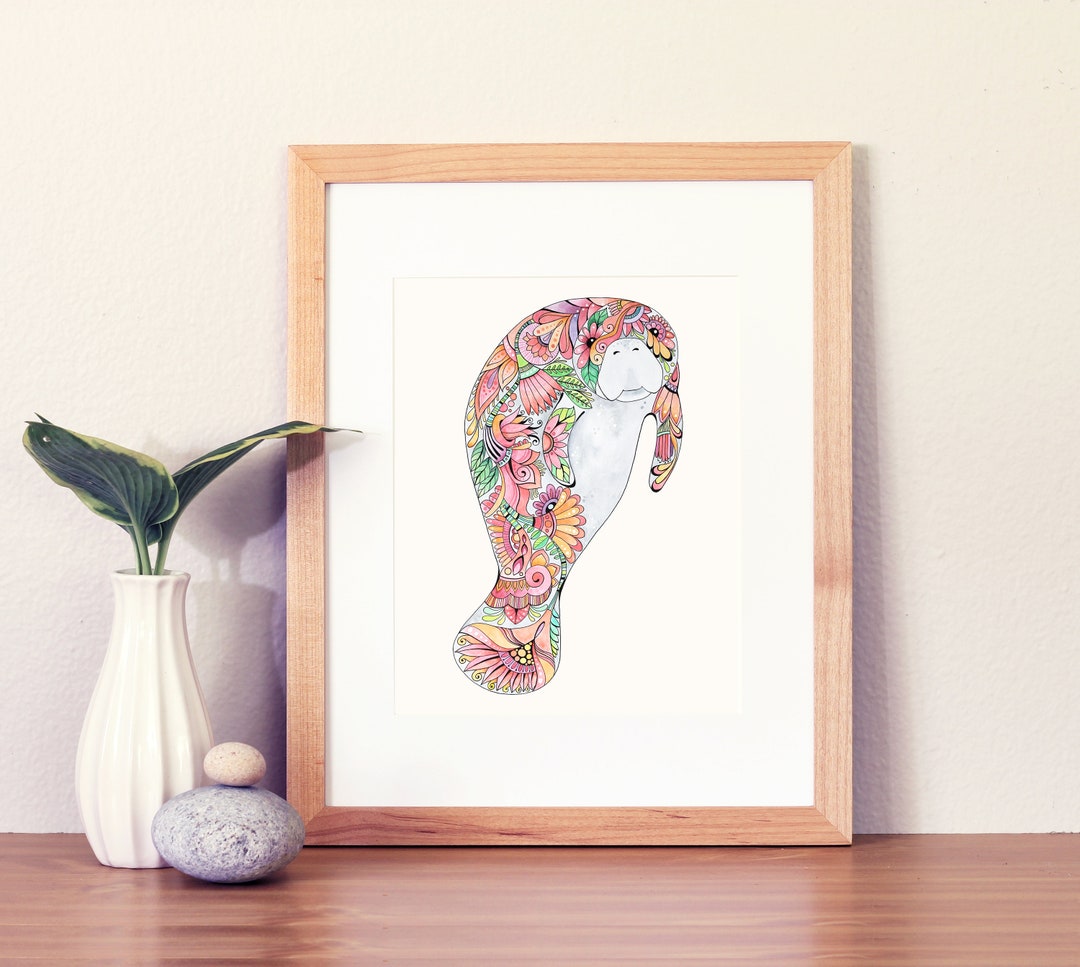 Manatee Wall Art, Manatee Watercolor Painting Print , Florida Manatee ...