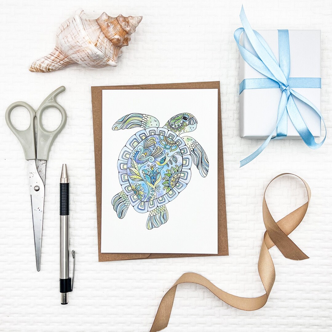Set of Watercolor Sea Turtle Notecards, Blank Inside, Ocean Themed ...