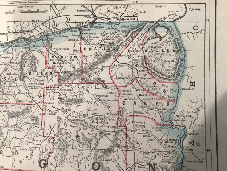 Map of Oregon, 10 X 14“ 1890, Tinted by Hand Pulled From an Old Atlas ...