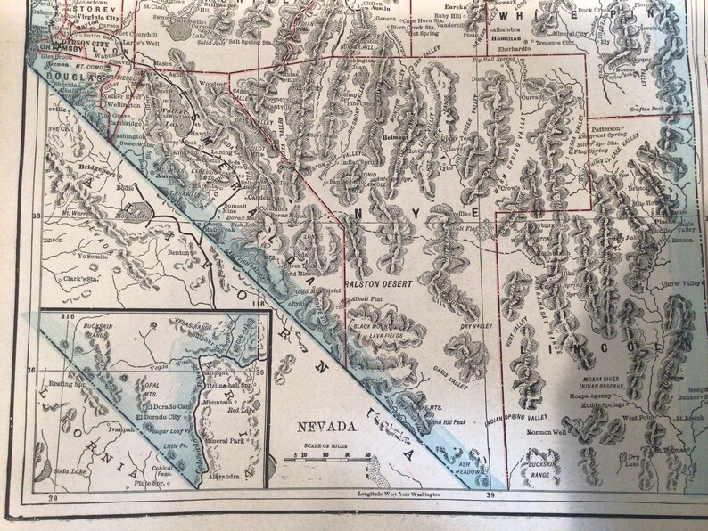 Map of the State of Nevada, 10 X 14, Hand Tinted Circa 1890 From an Old ...