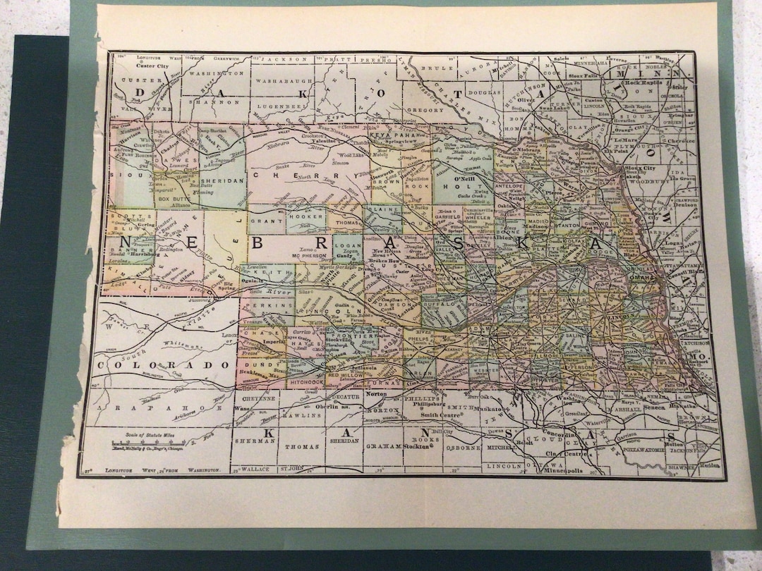 Map Nebraska 9 X 11“ Hand Tinted 1890 From the Rand Mcnally Atlas - Etsy