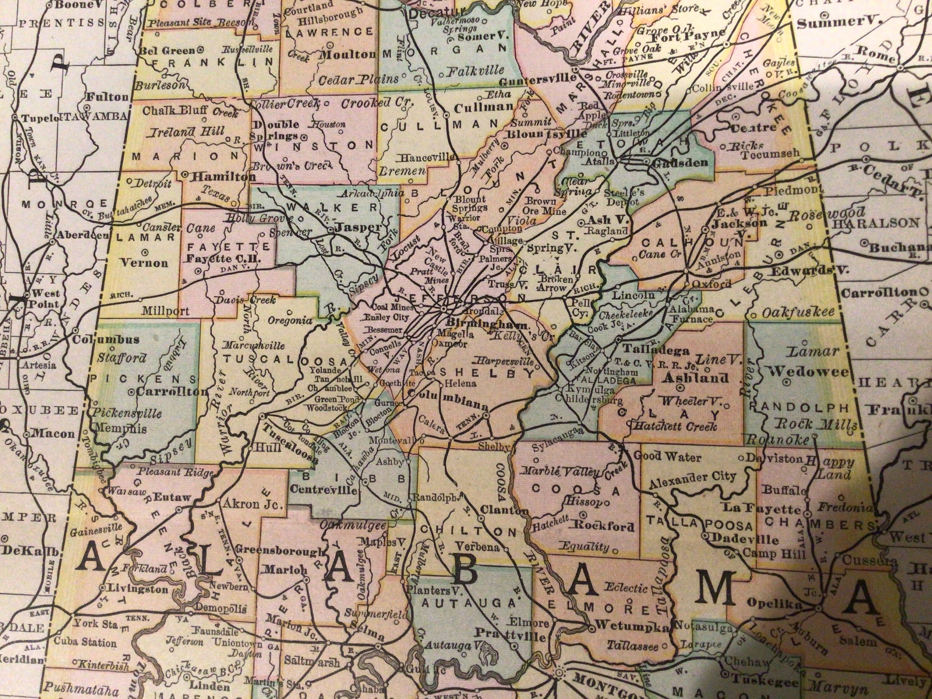 Map of Alabama 9 X 11“ Tinted by Hand, Circa 1890 From an Old Atlas by ...