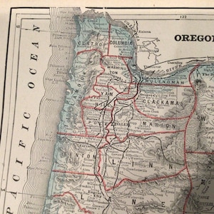 Map of Oregon, 10 X 14“ 1890, Tinted by Hand Pulled From an Old Atlas ...