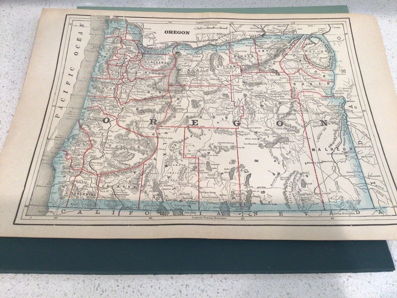 Map of Oregon, 10 X 14“ 1890, Tinted by Hand Pulled From an Old Atlas ...