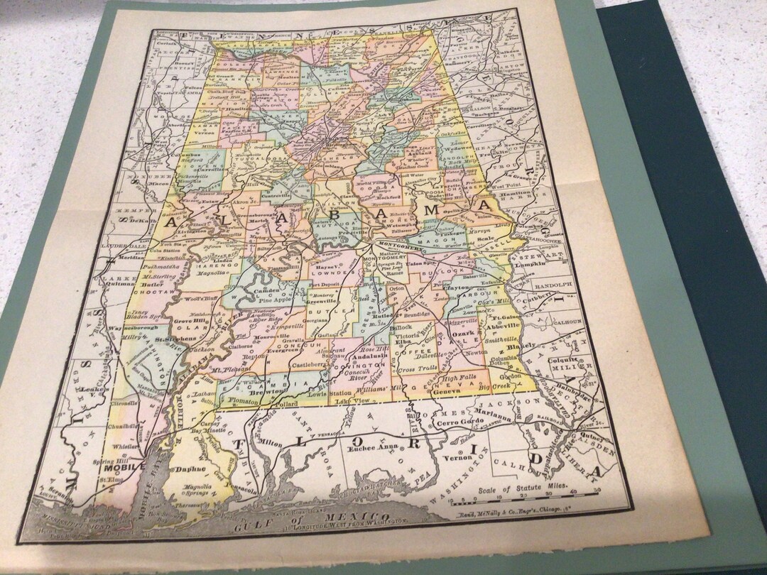 Map of Alabama 9 X 11“ Tinted by Hand, Circa 1890 From an Old Atlas by ...