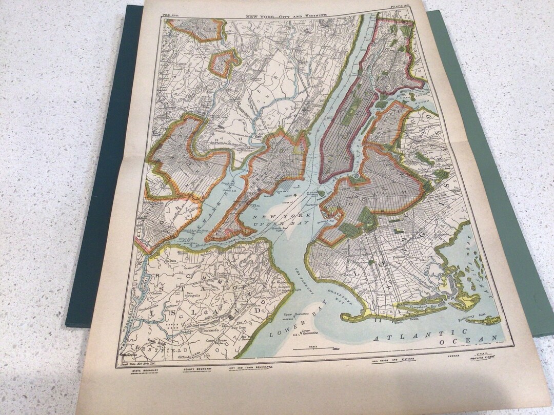 Map of New York City and Vicinity, 10 X 14 1/2” Circa 1890 and Tinted ...